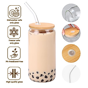 Moretoes 16oz 4pcs Glass Cups with Lids, Drinking Glasses Set with Bamboo Lids