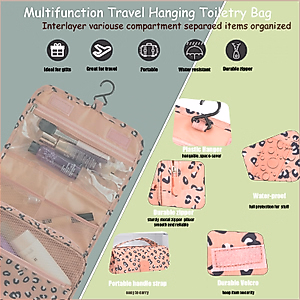 L&FY Hanging Travel Toiletry Bag Women's Cosmetic Organizer Makeup Pouch Men's Dopp Kits With Handle(Pink Leopard)