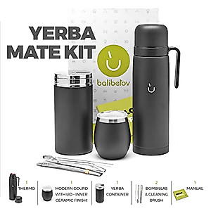 BALIBETOV Complete Yerba Mate Set - Modern Mate Gourd, Thermos, Yerba Container, Bombilla and Cleaning Brush Included - All Premium Quality 304 18/8 Stainless Steel (BLACK)