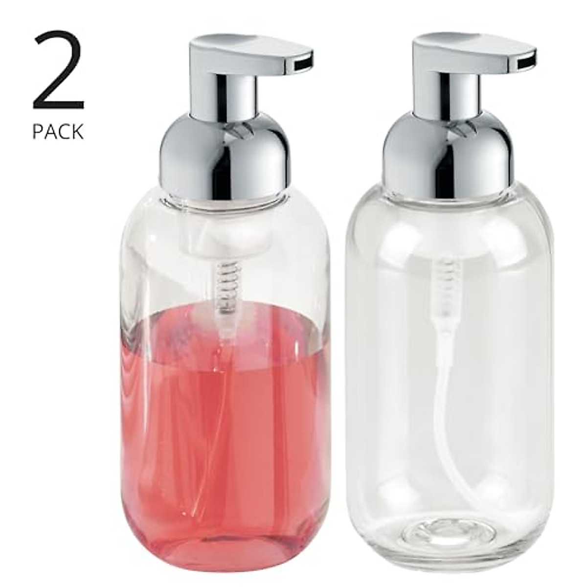 mDesign Set of 2 Refillable Soap Dispenser - Discreet Foaming Soap Dispenser - Chrome Soap Dispenser Bottle with Plastic Pump - Rust Free - Ideal for Kitchen or Bathroom - Clear/Chrome