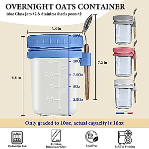 Overnight Oats Containers with Lids and Spoon 16 oz [4 Pack] Large Airtight Overnight Oats Jars Oatmeal Container with Measurement Marks, Glass Mason Jars for Yogurt, Chia Seed Pudding, Cereal, Milk,