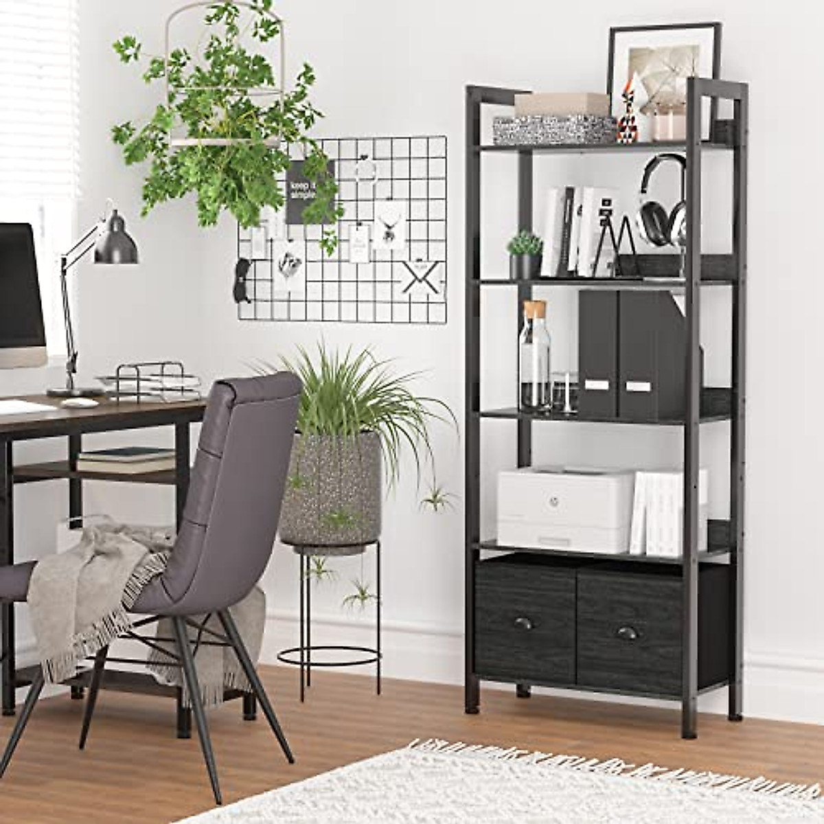 Furologee 5-Tier Bookshelf, Tall Bookcase with 2 Storage Drawers, Industrial Display Standing Shelf Units, Wood and Metal Storage Shelf for Living Room, Bedroom, Home Office, Black Oak