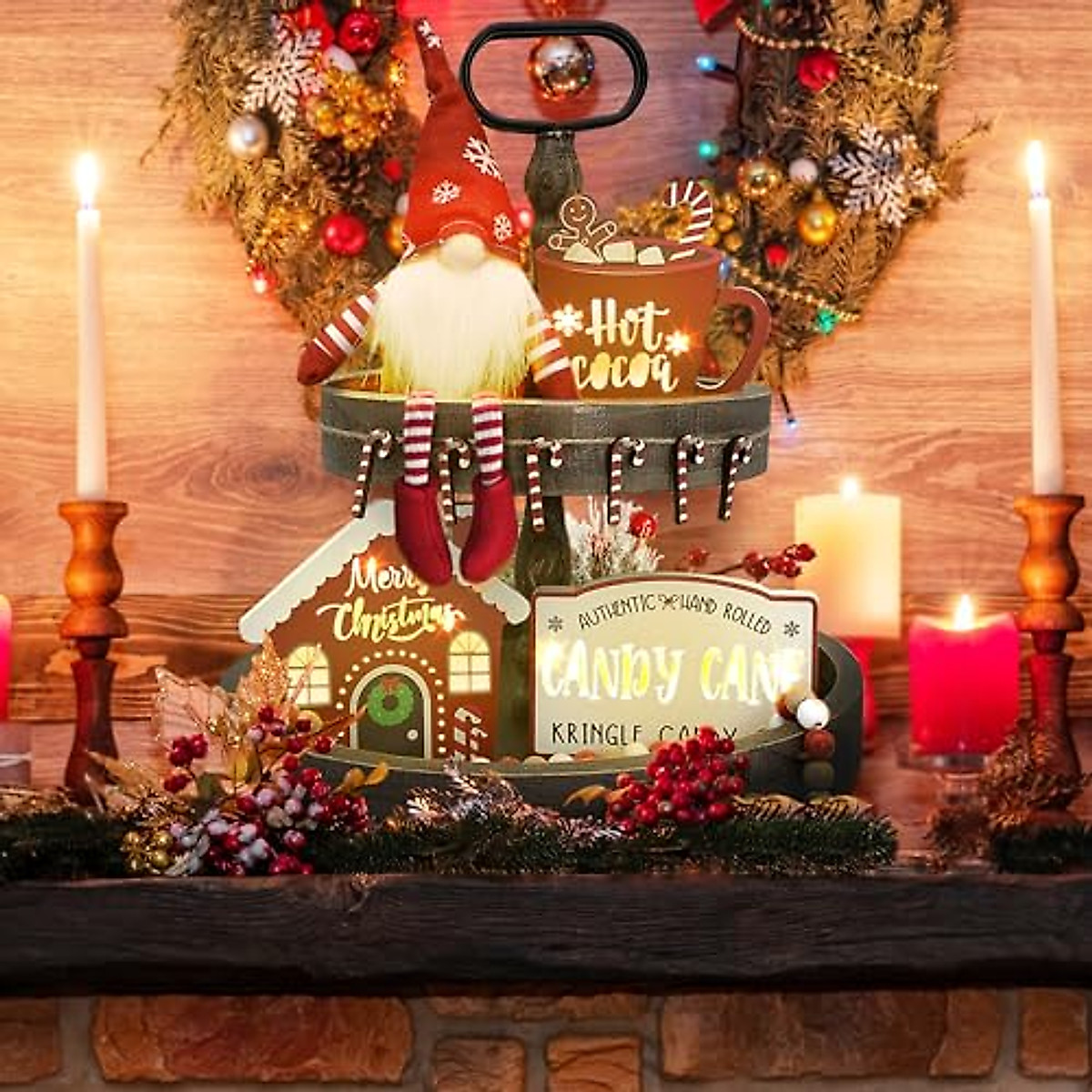 Christmas LED Tiered Tray Decor - Candy Cane, Xmas Plush Gnome, Wood Beads Garland & Mini Banner