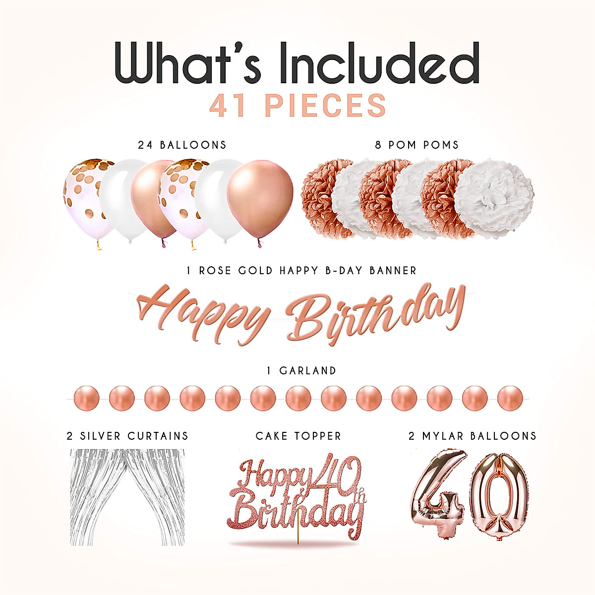 EpiqueOne 41-Piece Rose Gold 40th Birthday Decorations for Women | Includes Happy Birthday Banner, Cake Topper, Tissue Pom Poms & More | Easy to Set Up | Also Ideal for Bridal and Baby Showers & More