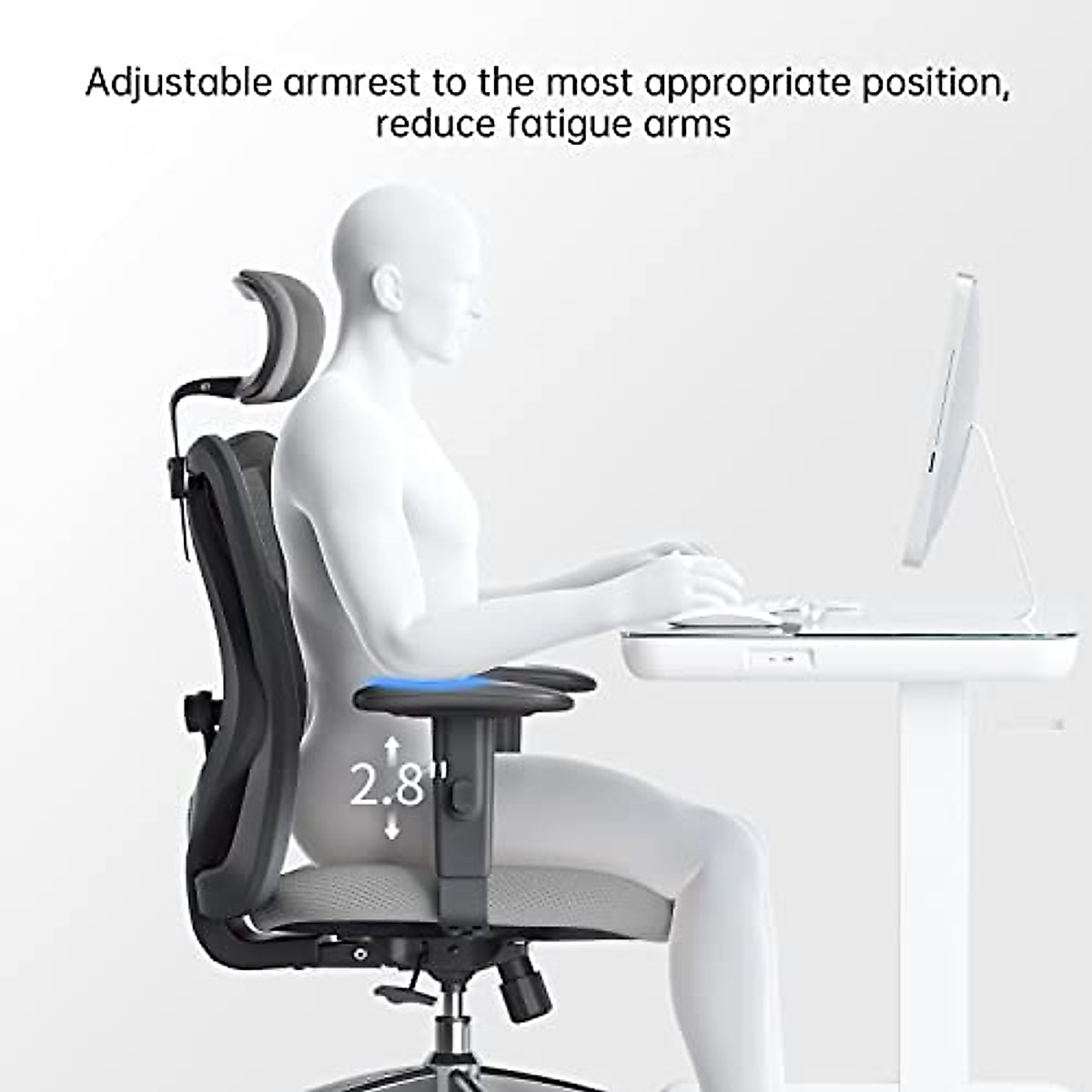 SIHOO M18 Ergonomic Office Chair for Big and Tall People Adjustable Headrest with 2D Armrest Lumbar Support and PU Wheels Swivel Tilt Function Grey
