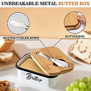 Farmhouse Butter Dish with Lid, Vivimee Metal Butter Container with Wooden Lid, White Butter Dish Keeps Your Butter Soft, Butter Keeper Holder, Butter Crock with Lid for Counter or Fridge