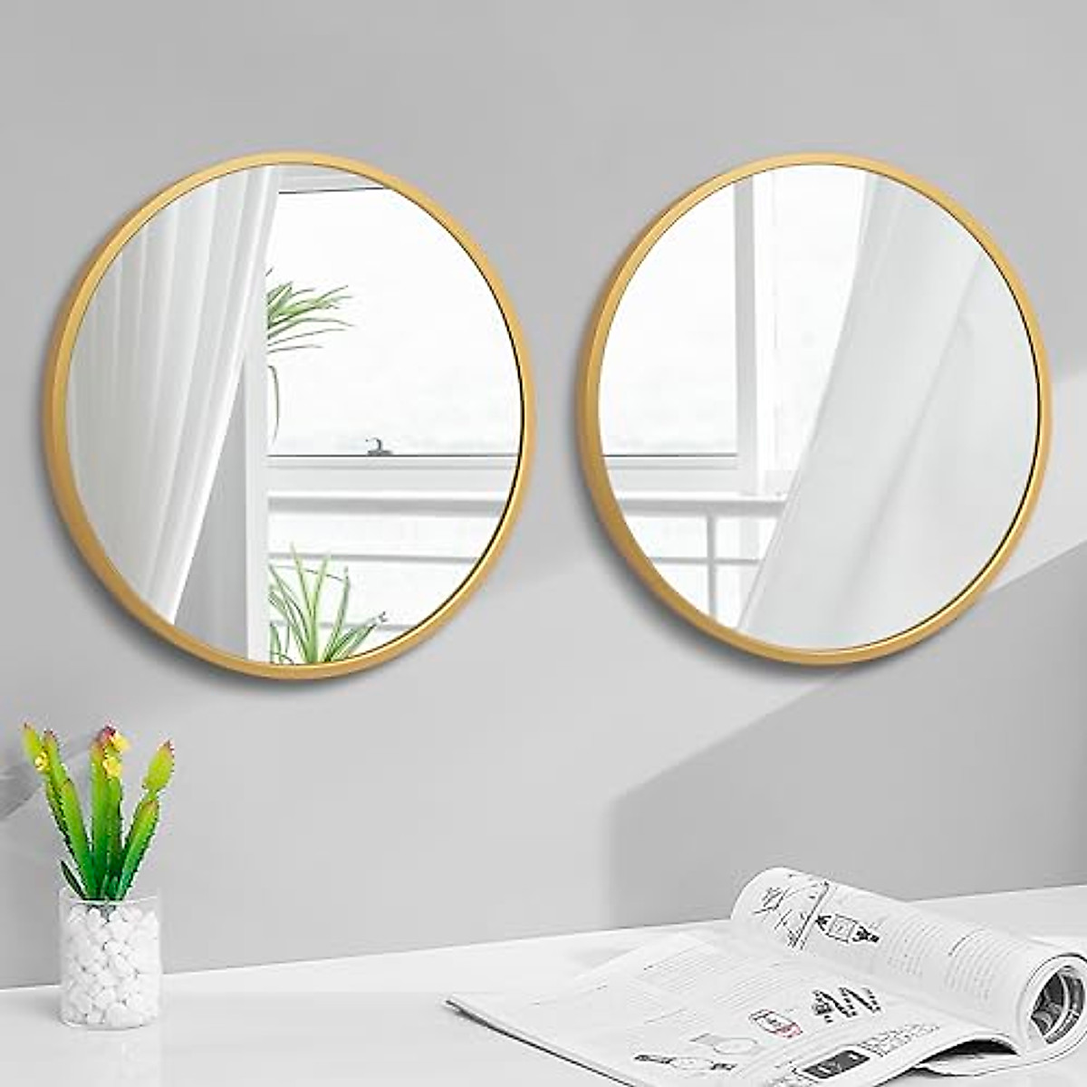 SCWF-GZ 2 Packs of 12" Round Mirror Circle Wall Mounted Hanging or Against Wall Metal Frame Dressing Make-up Mirrors for Entryway Bedroom Bathroom Living Room 12 inch Gold Small
