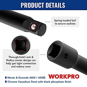 WORKPRO 18-Pieces Drive Tool Accessory Set, Includes Socket Adapters, Socket Extension Bar, Swivel Universal Joints and Impact Coupler, 1/4", 3/8" & 1/2" Drive