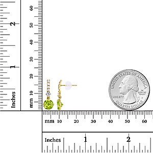 Solid 14K Yellow Gold 6mm Natural Green Peridot August Birthstone Dangling Stud Earrings For Women & 1mm Created White Sapphire Bridal Dangling Earrings For Women