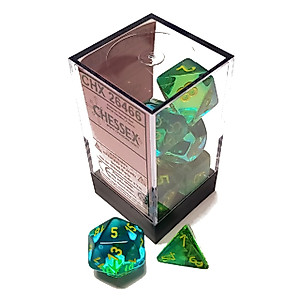 Gemini Polyhedral Dice Set | Set of 7 Dice in a Variety of Sizes Designed for Roleplaying Games | Premium Quality Dice for Tabletop RPGs | Translucent Green, Teal and Yellow Color | Made by Chessex