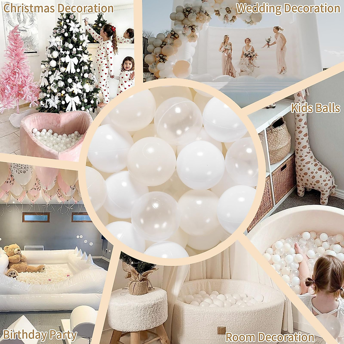 GOGOSO Ball Pit Balls 100 - Soft Plastic Balls for Babies Toddlers Kids Children with Storage Bag for 1 2 3 Years Old, 3 Colors (100 Balls) White Beige Transparent