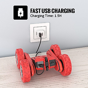 SGILE RC Stunt Car Toy Gift, 4WD Remote Control Car with 2 Sided 360 Rotating Rc Car for Kids Girls Boys Age 6 7 8 12, Red