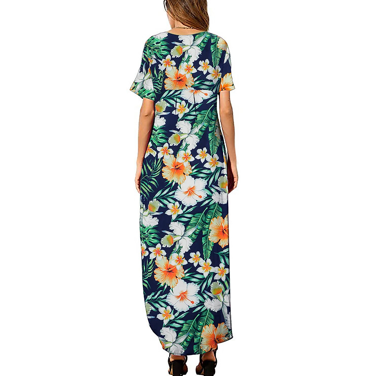 HUSKARY Sun Dresses for Women 2025 Vacation Summer Beach Vacation Flowy Derss Floral Print Boho Dresses with Pockets 2025 Boho Navy XX-Large