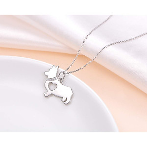 FLYOW 925 Sterling Silver Hollow Heart Corgi Dog Pendant Necklace Jewelry for Women Corgi Lover Gifts,18" (Corgi Necklace)