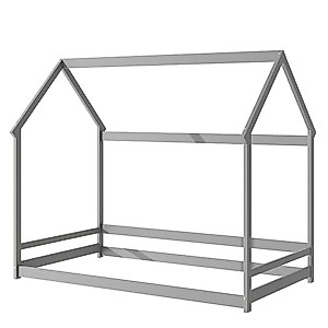 LostCat Twin House Shaped Floor Bed with 2 Detachable Storage Shelves, House Shaped Twin Bed Frame with Roof, Wood Montessori Floor Bed with Clothes Drying Rack, Floor Bed Frame for Kids, Grey