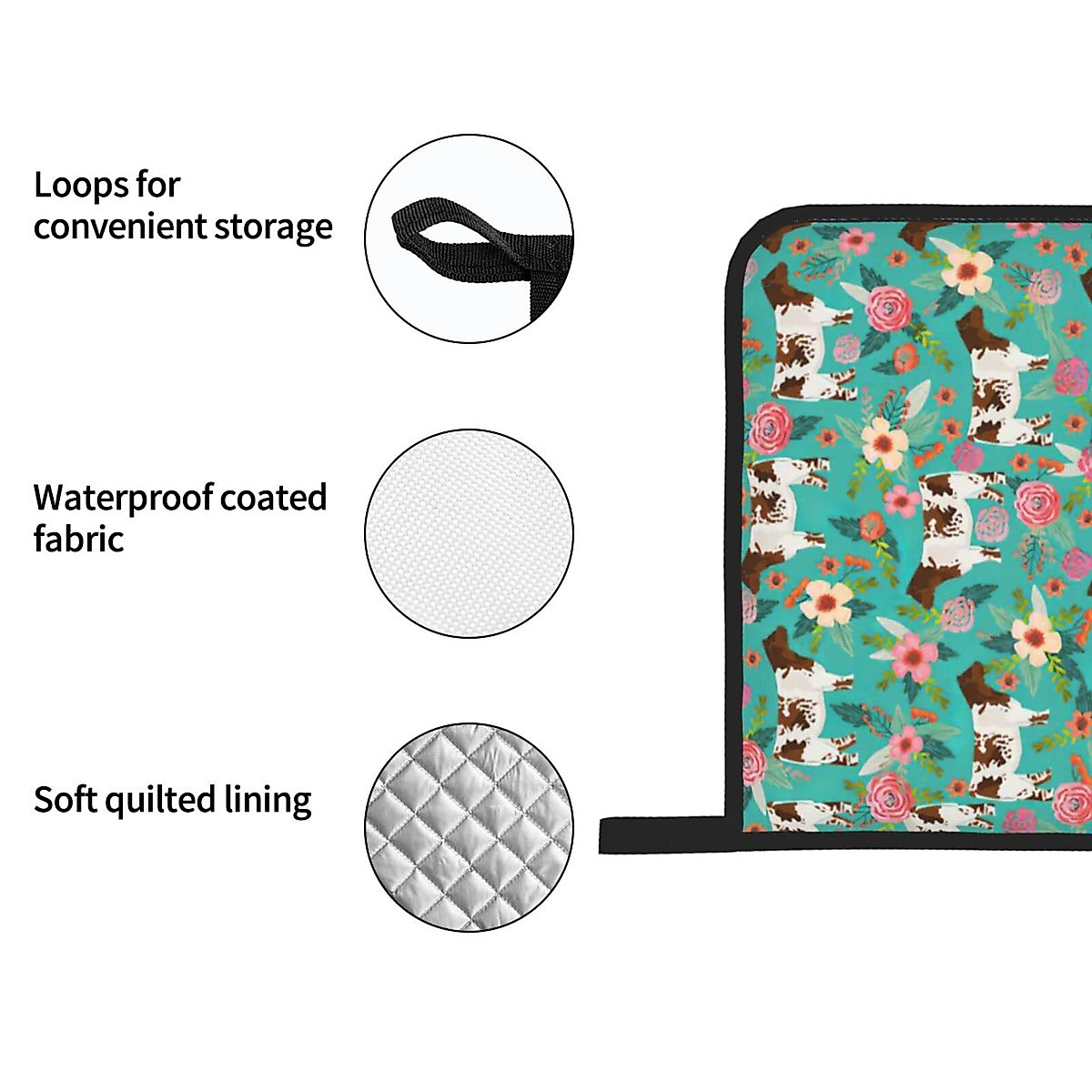 Floral Cow Oven Mitts and Pot Holders Sets, 4 Piece Set, Heat Resistant Polyester Gloves and Pads for Kitchen Cooking Baking Grilling BBQ