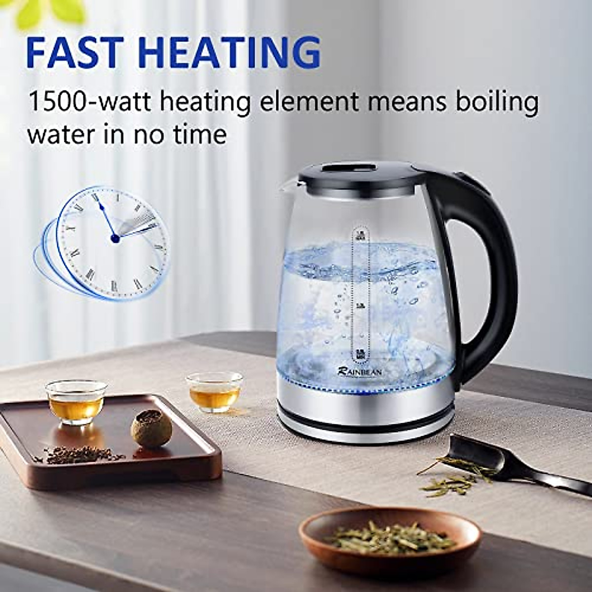 RAINBEAN Electric Kettle Water Boiler, 1.8L Electric Tea Kettle, Wide Opening Hot Water Boiler with LED Light, Auto Shut-Off & Boil Dry Protection, Glass Black