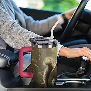 LLUTSNTH 40 Oz Vacuum Tumbler with Light Rose Red Handle Leakproof Insulated Tumbler Squirrel Eats Nuts Stainless Steel Travel Mug with Lid And Straw Coffee Cup Cute Water Bottles Cup Holder Friendly