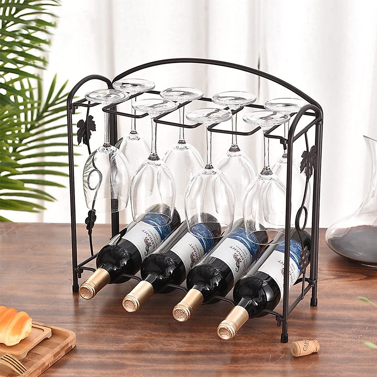 Countertop Wine Rack - Hold 4 Wine Bottles and 8 Glasses Multifunctional dis Assembly Small Wine Rack - 1 Tier Tabletop Wine Holder Stand for Cabinet, Pantry, Wine Bottle Storage