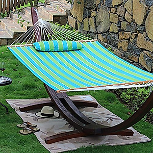 Prime Garden Double Quilted Fabric Hammock with Pillow, Hardwood Spreader Bars, 2 Person Hammock 450 Pound Capacity for Patio Garden Yard, Blue Green Stripe