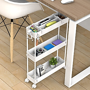 SPACELEAD Slim Storage Cart,3 Tier Bathroom Rolling Utility Cart Storage Organizer Slide Out Cart, Mobile Shelving Unit Organizer trolley for Office Bathroom Kitchen Laundry Room Narrow Places, White