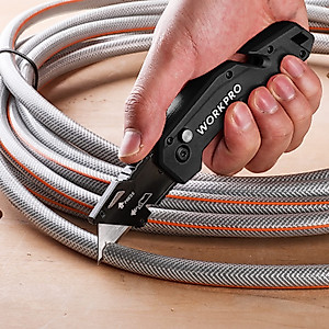 WORKPRO Folding Utility Knife, Box Cutter with Belt Clip, Quick-Change Blade, Lightweight Nylon Handle, Wire Stripper & Gut Hook, Extra 10 SK5 Blades Included, Black