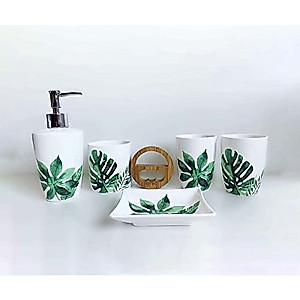 Green Tropical Bathroom Accessory Sets Sturdy Housewarming Gift 5 Pieces Ceramic Bath Accessories Collection Set Palm Tree Decor Toothbrush Holder Lotion Dispenser Soap Dish Tumbler (Green Tropical)