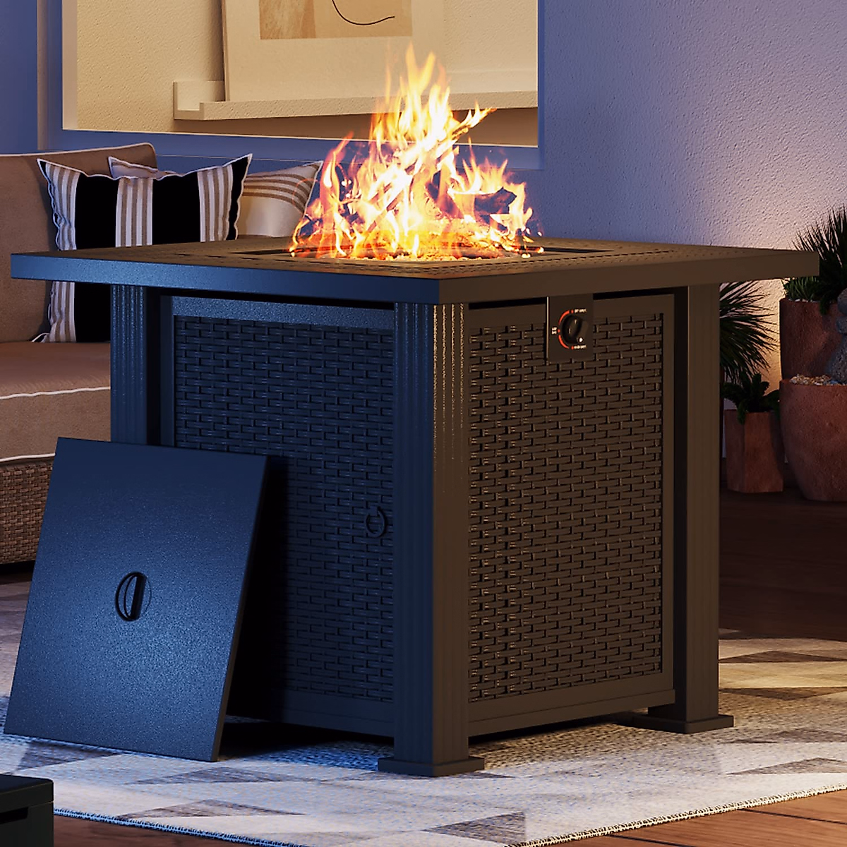 Greesum 28 Inch Outdoor Gas Fire Pit Table, 50,000 BTU Steel Propane Firepit with Lid and Lava Rock, Imitation Rattan Weave Texture, Add Warmth and Ambience to Parties On Patio Garden Backyard, Black