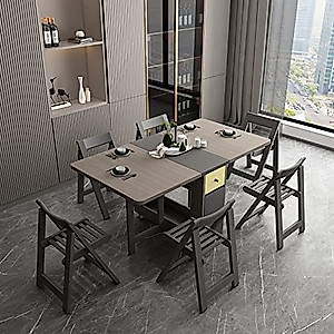 FUNROLUX Folding Dining Table with Storage Rack and 2 Drawers, Movable Kitchen Table Extendable Versatile Table Space Saving Foldable in 3 Forms (Grey)