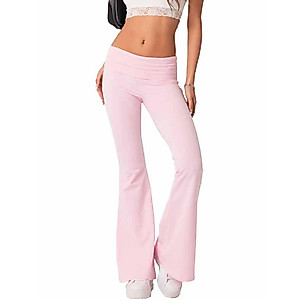CXINS Women's Solid Color Fold Over Low Waist Pants Flare Leg Workout Leggings Bell Bottoms Bootcut Yoga Pants Pink Size M