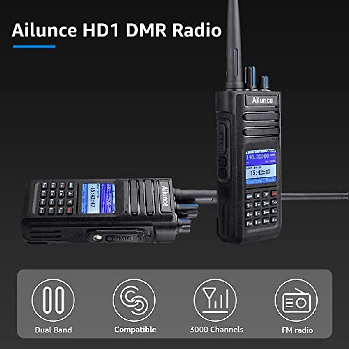 Ailunce HD1 Ham Radio, DMR Handheld Two Way Radio, Dual Band Portable Radio, Digital Radio with GPS, FM Radio 3200mAh Rechargeable SMS, Long Range Walkie Talkie for Hunting Hiking (Black 1 Pack)