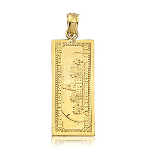 LoveBling 10K Yellow Gold Hundred Dollar Bill, Benjamin Franklin, Back to Back Charm Pendant (1.45" x 0.47")