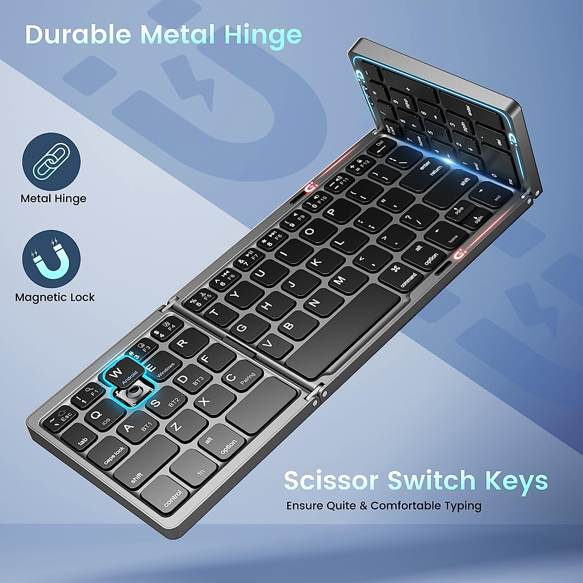 Rimyet Foldable Keyboard and Mouse Combo, Portable Travel Keyboard with Numeric Keypad, Bluetooth, Rechargeable, Compatible with Laptop, Tablet, iPad, Sync Up to 3 Devices, Hard Carrying Case