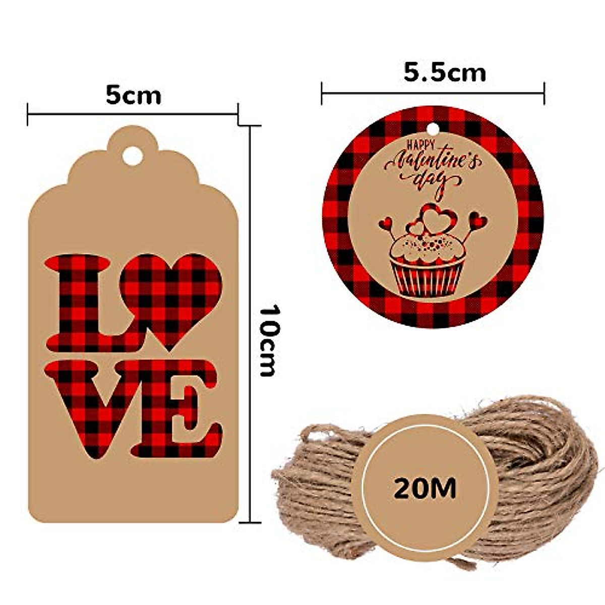 Whaline 120Pcs Valentine's Day Paper Gift Tags Red Black Plaid Heart Love Hanging Name Tags with 66ft Twine for Wedding Anniversary DIY Gift Crafts Wedding Party Favor, 8 Designs
