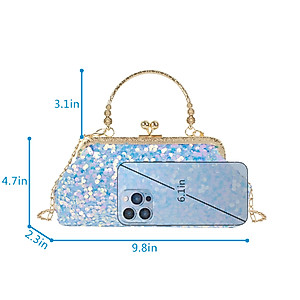Women Mini Glitter Sequin Evening Handbag Clutch Metal Top-handle Bag Chain Strap Cross-body Bag Kissing Lock
