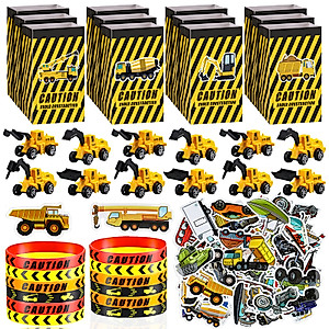 Construction Theme Party Favors Birthday Supplies Goodie Favor Bags Waterproof Truck Car Sticker Mini Engineering Car Toys Rubber Bracelets for Shower Return Present Construction Supplies (86)