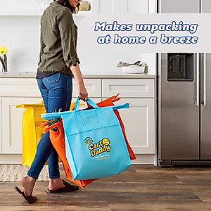 Scrub Daddy Cart Daddy Reusable Grocery Bags - 2 Large Orange & Yellow Cart Bags for Bulky, Light Items + 1 Small Blue Cart Organizer Tote for Heavy, Fragile Items - Foldable, Washable & Expandable