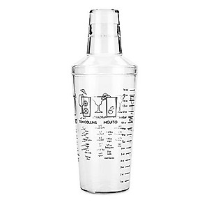 True Cocktail Shaker with Recipes for Cocktails and Ounce Measurements, Built-in Strainer, 16 oz, Clear Plastic