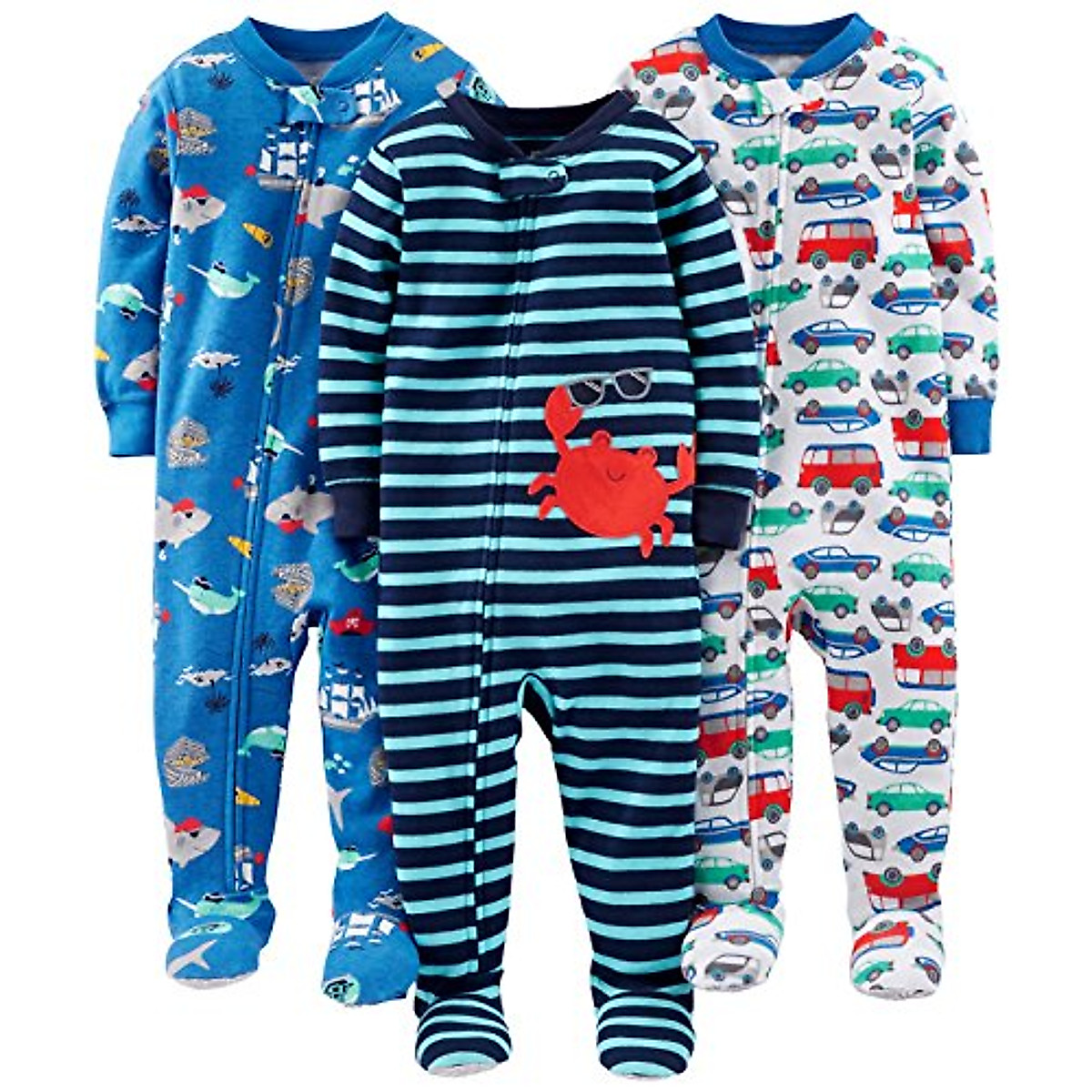 Simple Joys by Carter's Baby Boys' 3-Pack Snug Fit Footed Cotton Pajamas, Blue Sea Life/Navy Stripe/White Cars, 2T