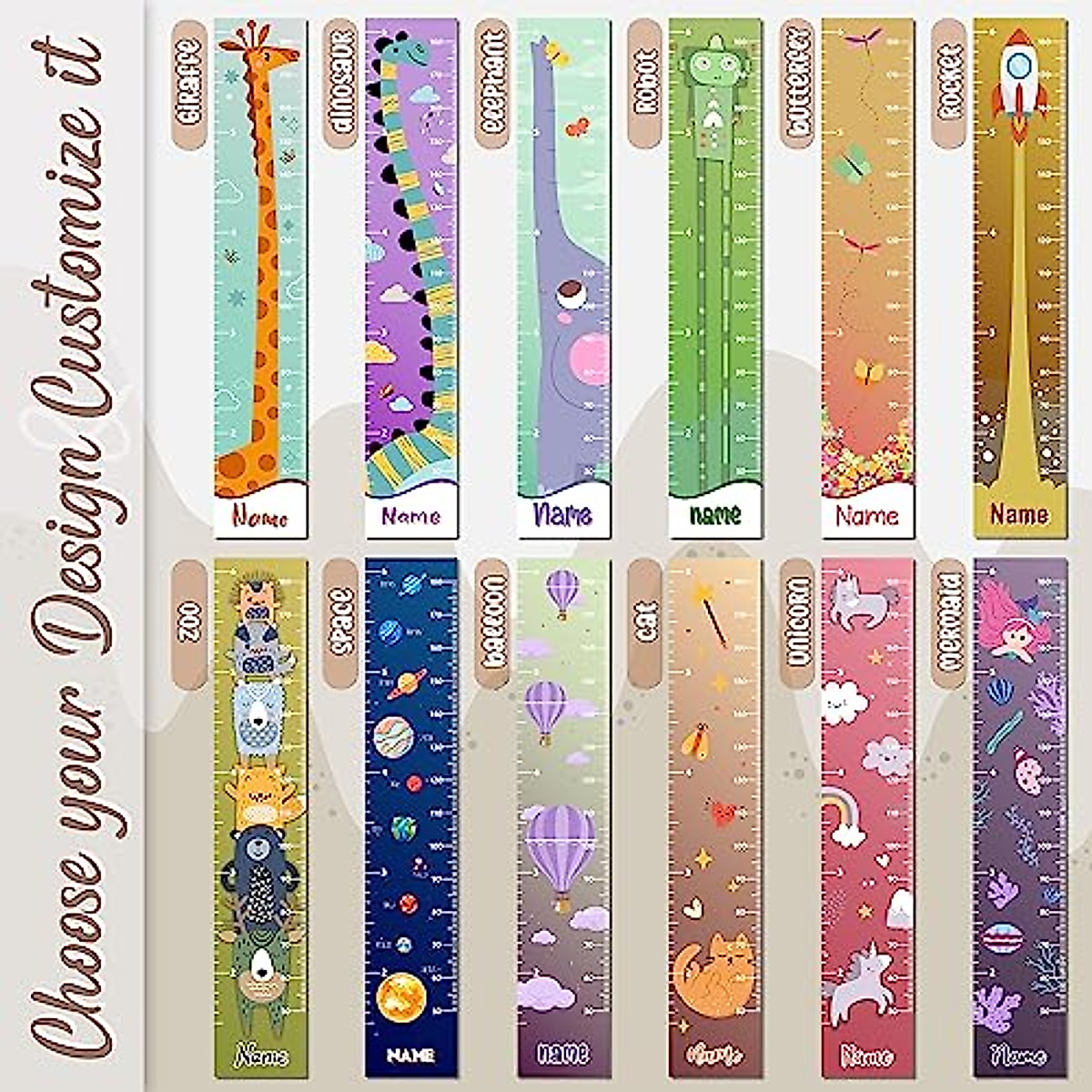 Personalized Kids Growth Chart - 12 Designs, 13oz Vinyl Height Measurement ft. cm, inches Chart for Toddlers - Ruler for Kids