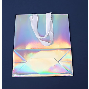 Lidelazon Iridescent Party Bags with Handles (12 Pack) Holographic Silver Foil Gift Bags, Treat Bags, Favor Bags, Party Favors, Favor Gifts for Guests, Thank You Bags, Welcome Bag