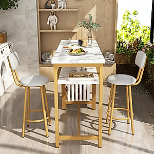 AWQM Bar Table Set of 2 with Storage Shelves, 47" White Faux Marble Dining Set with 2 Upholstered Counter Height Backrest Chairs, 3-Piece Dining Set for 2, Space Saving Table for Home & Kitchen