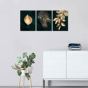 Sdmikeflax 3 Piece Modern Gold Botanical Wall Art for Bathrooms Living Room Bedroom Wall Decor Green Plant Canvas Printed Pictures, Multi Panel Framed Nature Artwork Ready to Hang, 12" x 16" x 3…