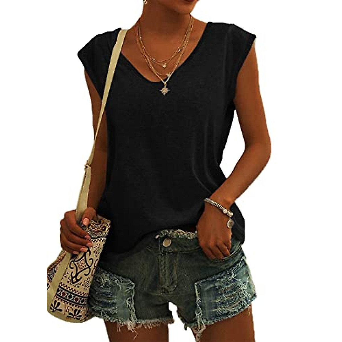 AUSELILY Womens Cap Sleeve T-Shirt Casual Loose Fit Tank Tops Black
