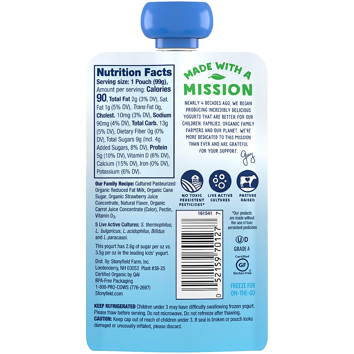 Stonyfield Organic Kids Strawberry Lowfat Yogurt Pouch, 3.5 oz, Single Serve – Includes Live Active Cultures