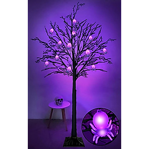 [Timer] 6 Ft Tall Halloween Tree Decorations Black Spooky Tree with 96 LED Purple Lightes and 24 DIY Bats Ornaments Artificial Tree Halloween Decor for Outdoor Indoor Home(4 Ground Stake/Adapter)