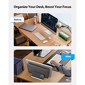 AboveTEK Vertical Laptop Stand 3 Slots for Computer, Tablet, Phone - Fits All Laptop Models (up to 17.3") - Heavy Duty Polished Aluminum Desktop Holder - Anti Slide Silicone Grips - Silver