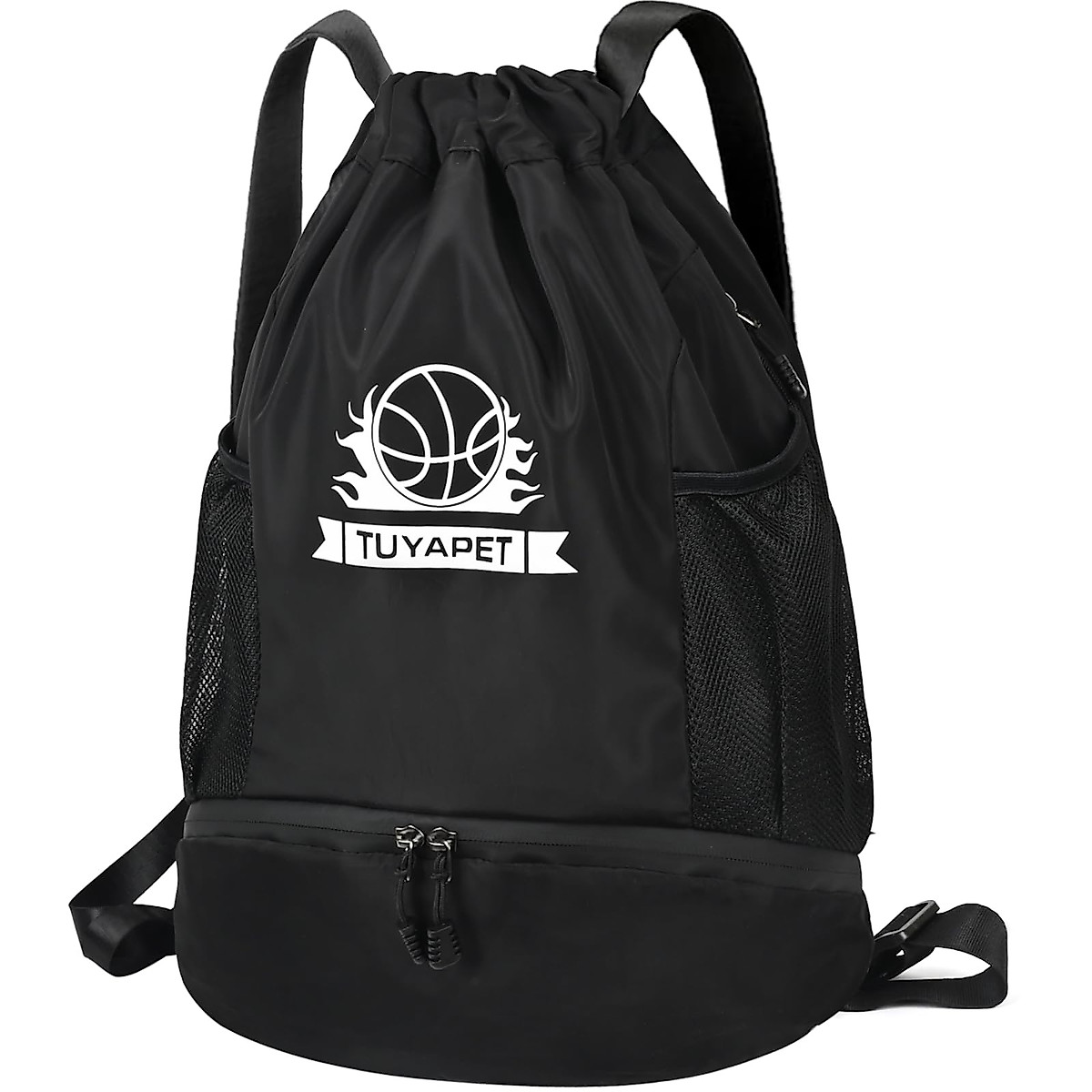 Tuyapet String Backpacks Drawstring Bag Waterproof Lightweight with Shoe Compartment Mesh Pockets Water Bottle Holder for Workout Gym Sports,Color Black