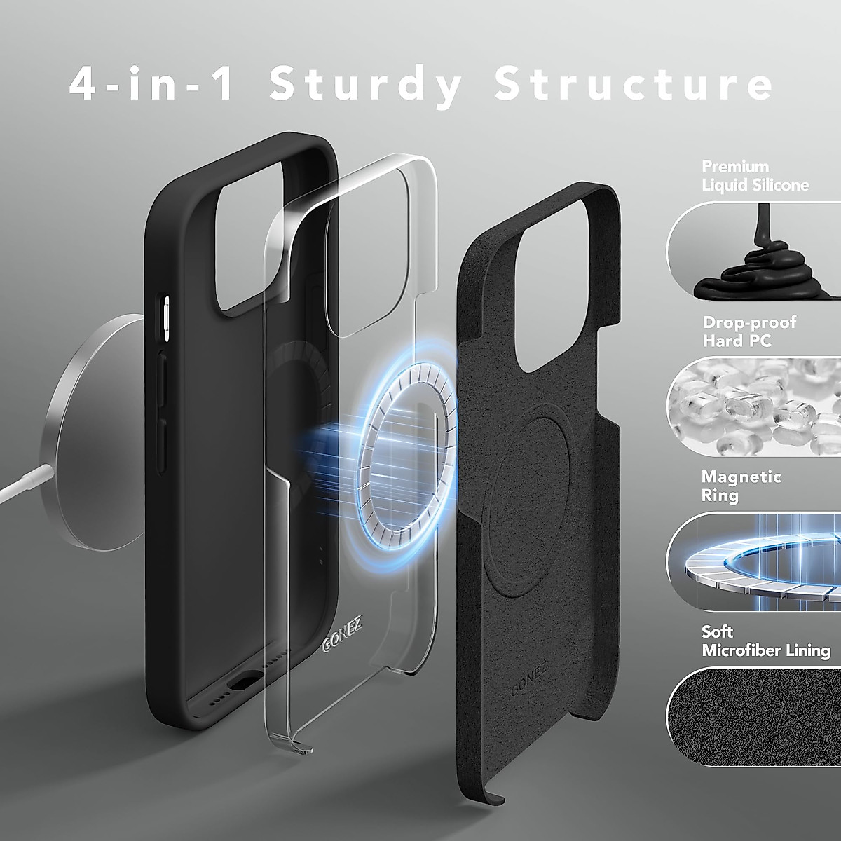 GONEZ for iPhone 14 Pro Max Case Silicone, Compatible with MagSafe, with Screen Protector + Camera Lens Protector, Liquid Silicone Shockproof Protective iPhone 14 ProMax Case 6.7", Black