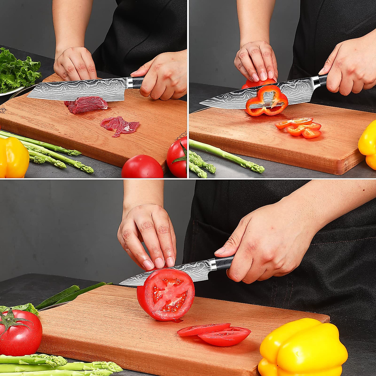 SANDEWILY 3 Piece Japanese Ultra Sharp Kitchen Chef Knife Set Pro German High Carbon Stainless Steel(7CR17MOV) with Sheaths & Gift Box Black Handle